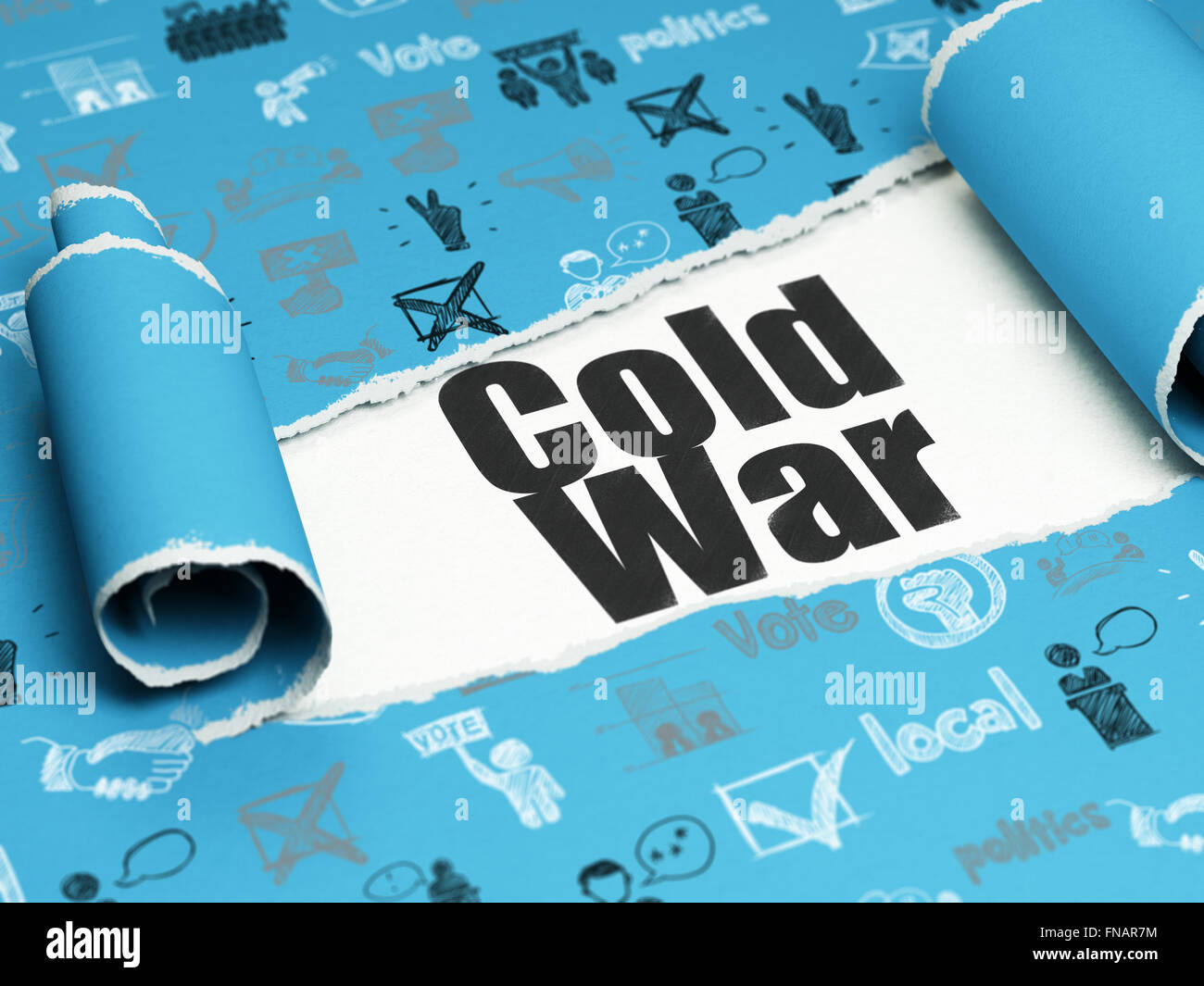 Political concept: black text Cold War under the piece of torn paper ...