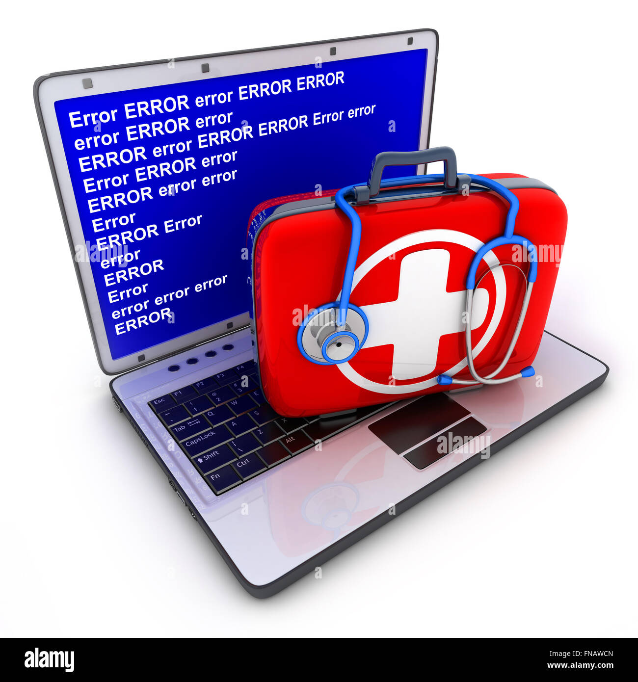 Laptop error and first-aid kit (done in 3d Stock Photo - Alamy