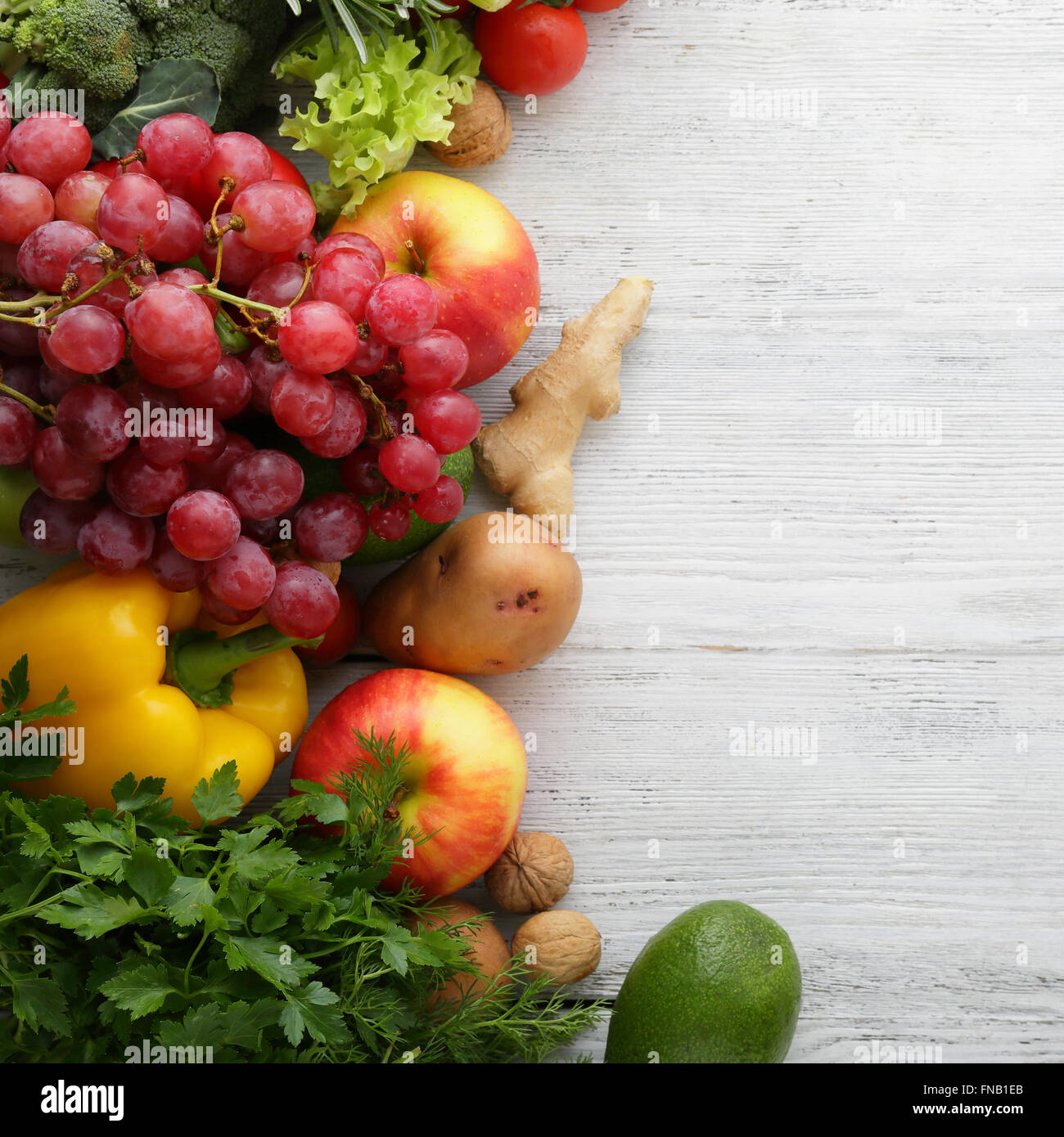 fresh produce on boards, food background top view Stock Photo - Alamy