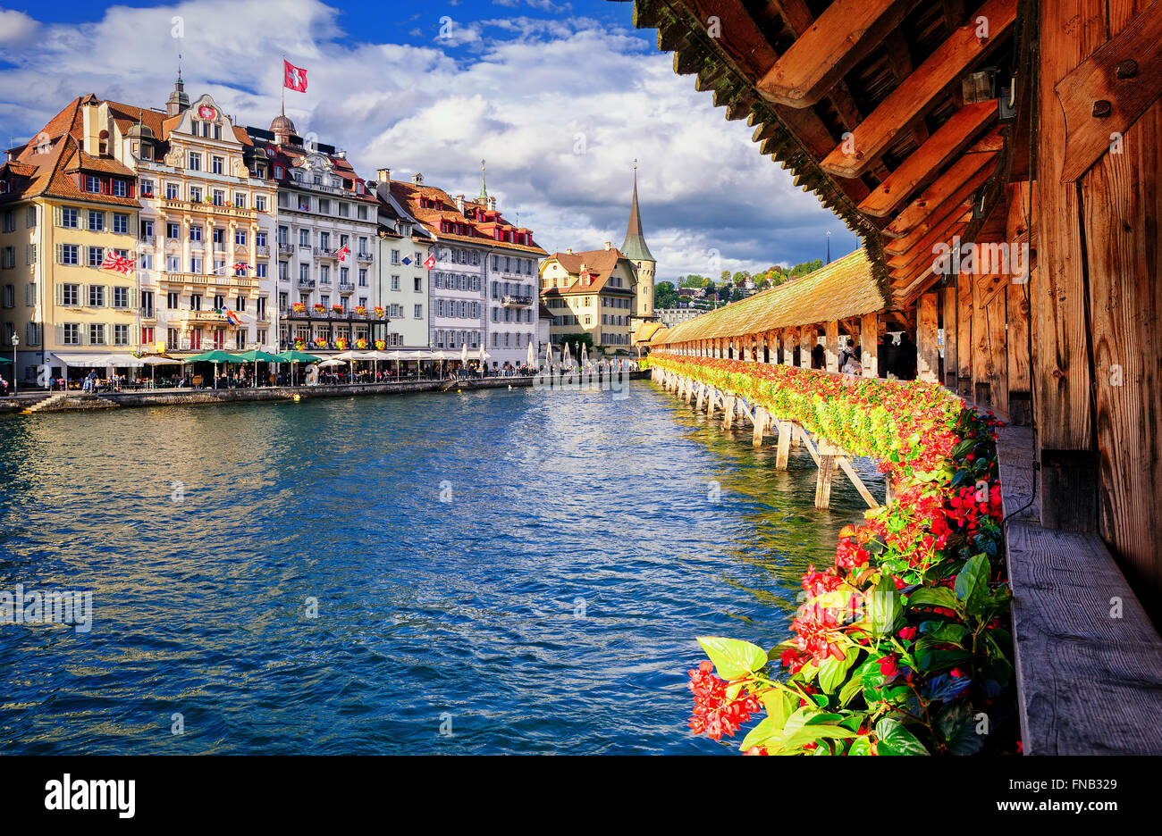 Lucerne, Switzerland, view from the famous wooden Chapel Bridge to the ...