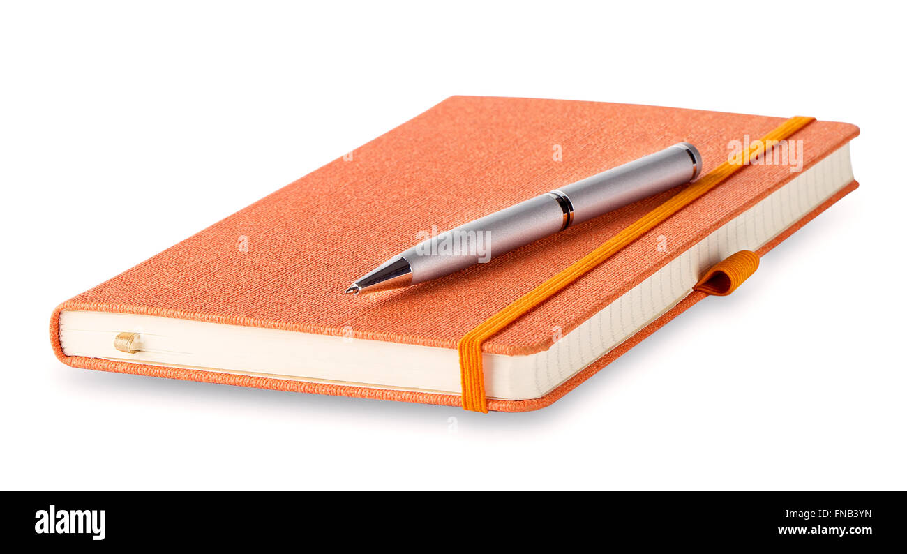 Orange closed diary with pen isolated on white background Stock Photo ...