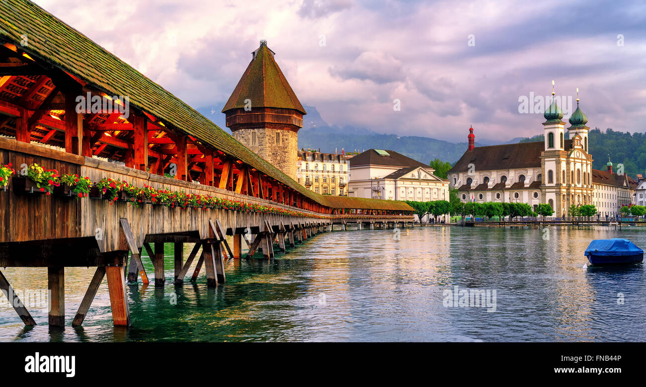 Panoramic view of the Chapel Bridge in Lucerne, Switzerland Stock Photo ...