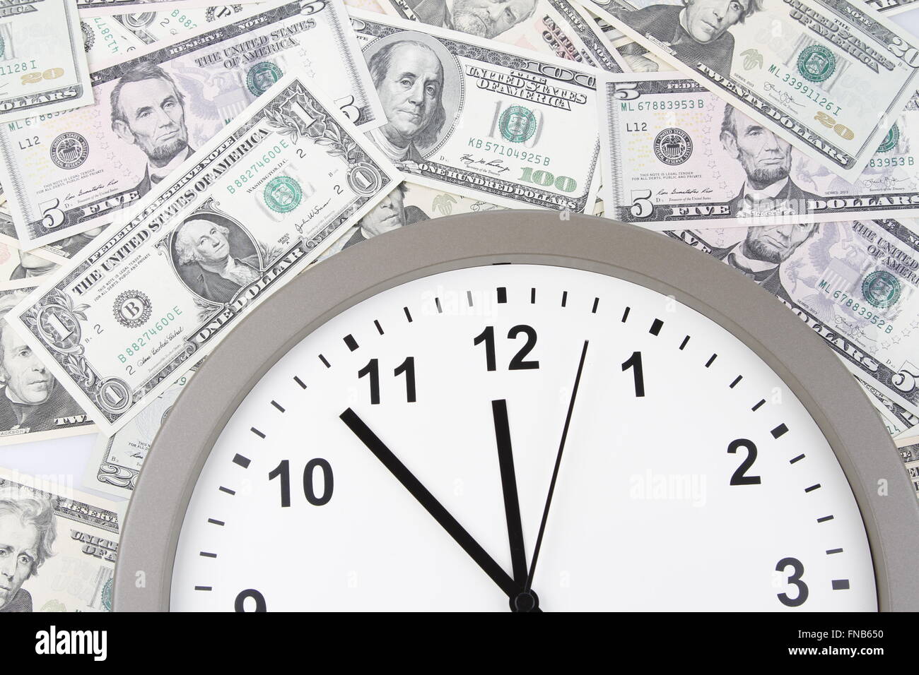Clock on assorted American banknotes. Time is money idea Stock Photo ...