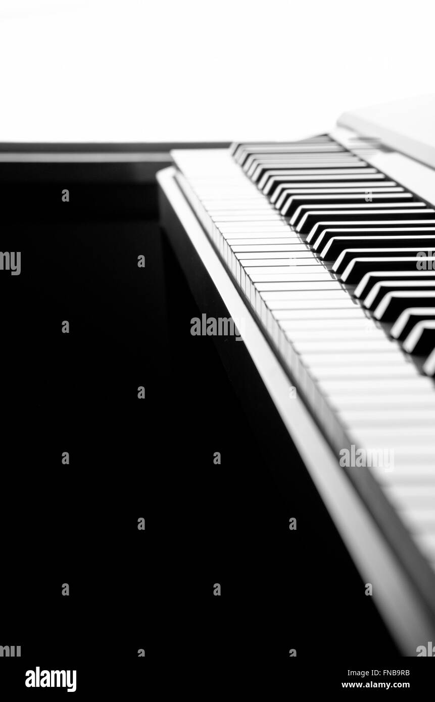 Black and White Selective Focus Piano Keyboard shot from a low angle ...
