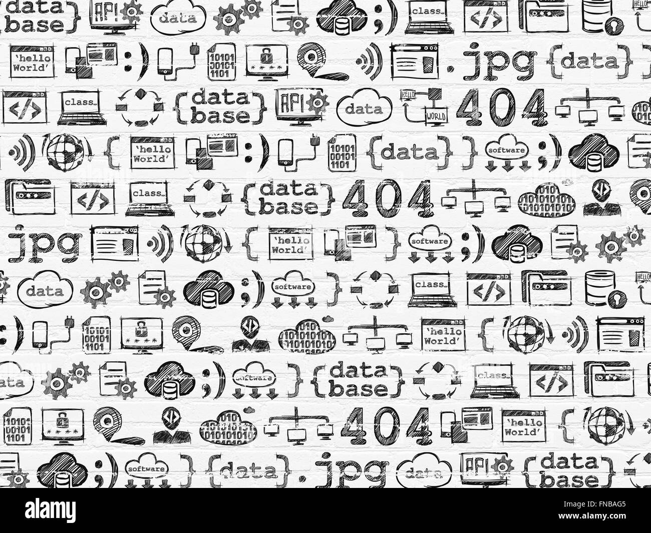 Grunge background: White Brick wall texture with Hand Drawn Programming ...