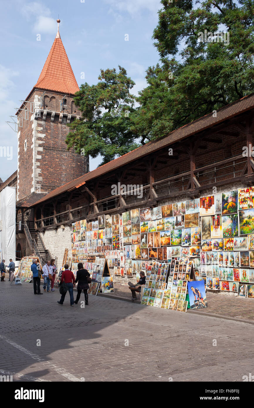 Krakow, Poland, Carpenters Tower, artists paintings on sell at old city ...