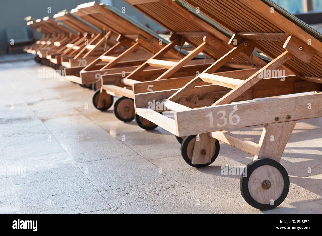 Hotel Wooden Poolside Chairs Detail Close Up. Horizontal shot Stock ...