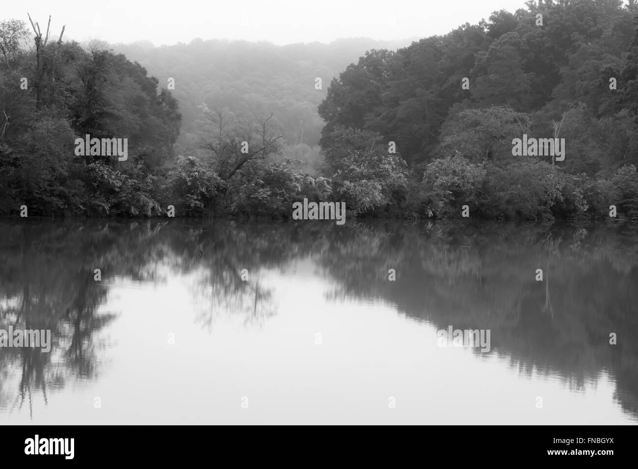 Beautiful morning river landscape dawn Black and White Stock Photos ...