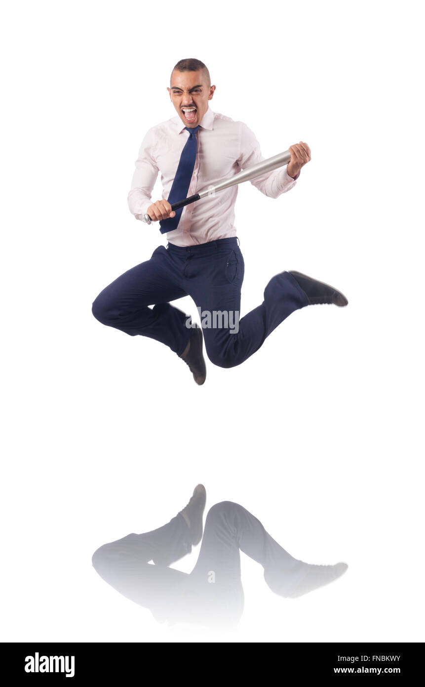 Businessman jumping with baseball bat Stock Photo - Alamy