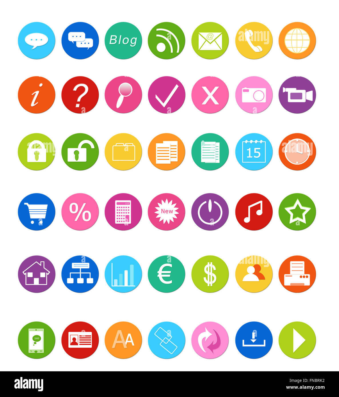 Icons Set for Web in blue, green, red, yellow, orange and pink colors ...