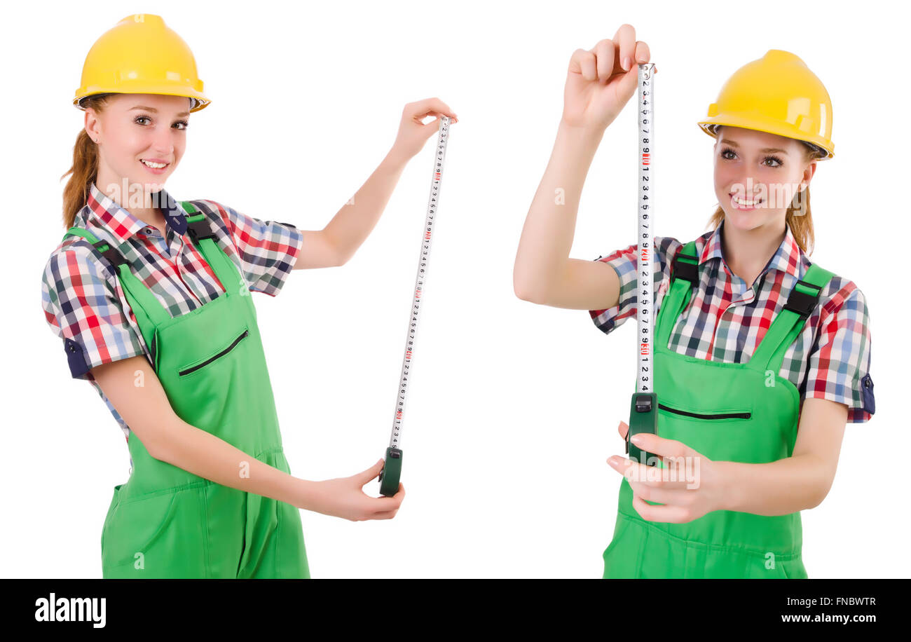 Female handyman in overalls isolated on white Stock Photo - Alamy