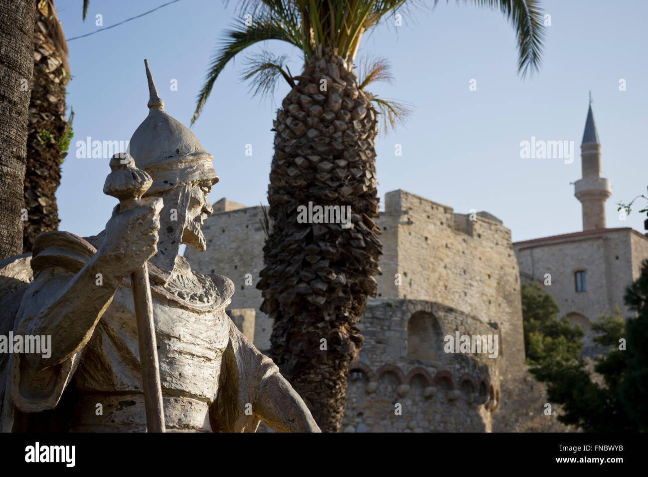 Statue of Ottoman warrior by Castle in Çesme, Izmir, Turkey Stock Photo ...