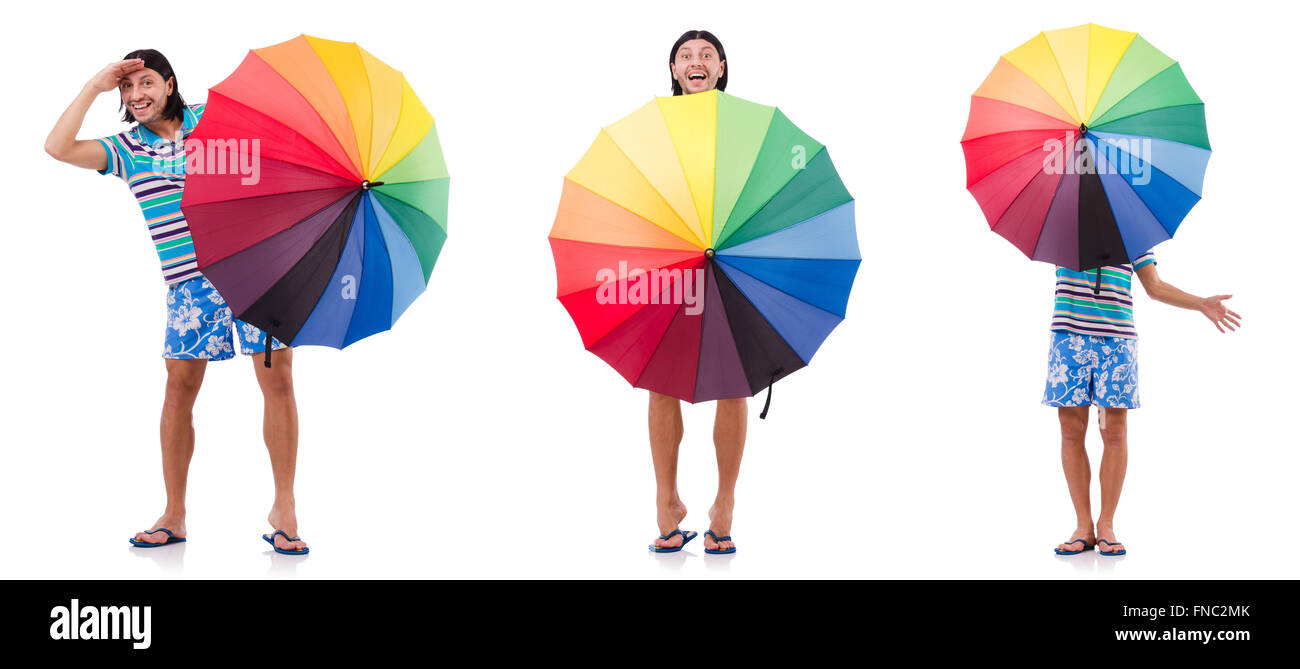 Traveler with red case and umbrella isolated on white Stock Photo - Alamy