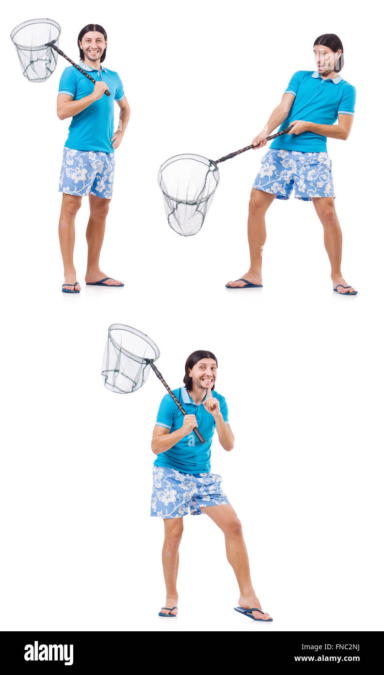Man with big catching net isolated on white Stock Photo - Alamy