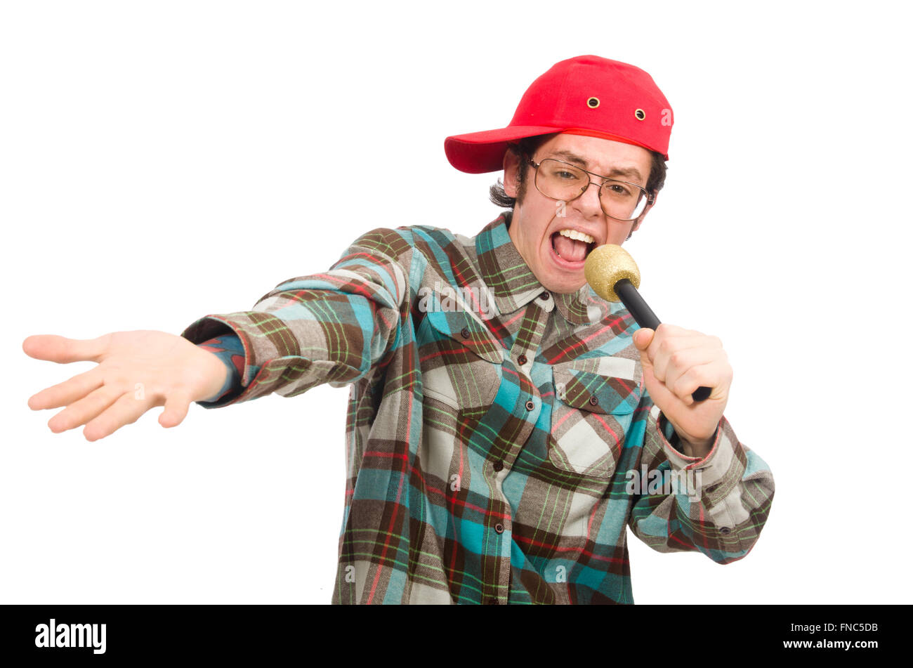 Funny guy singing isolated on white Stock Photo - Alamy