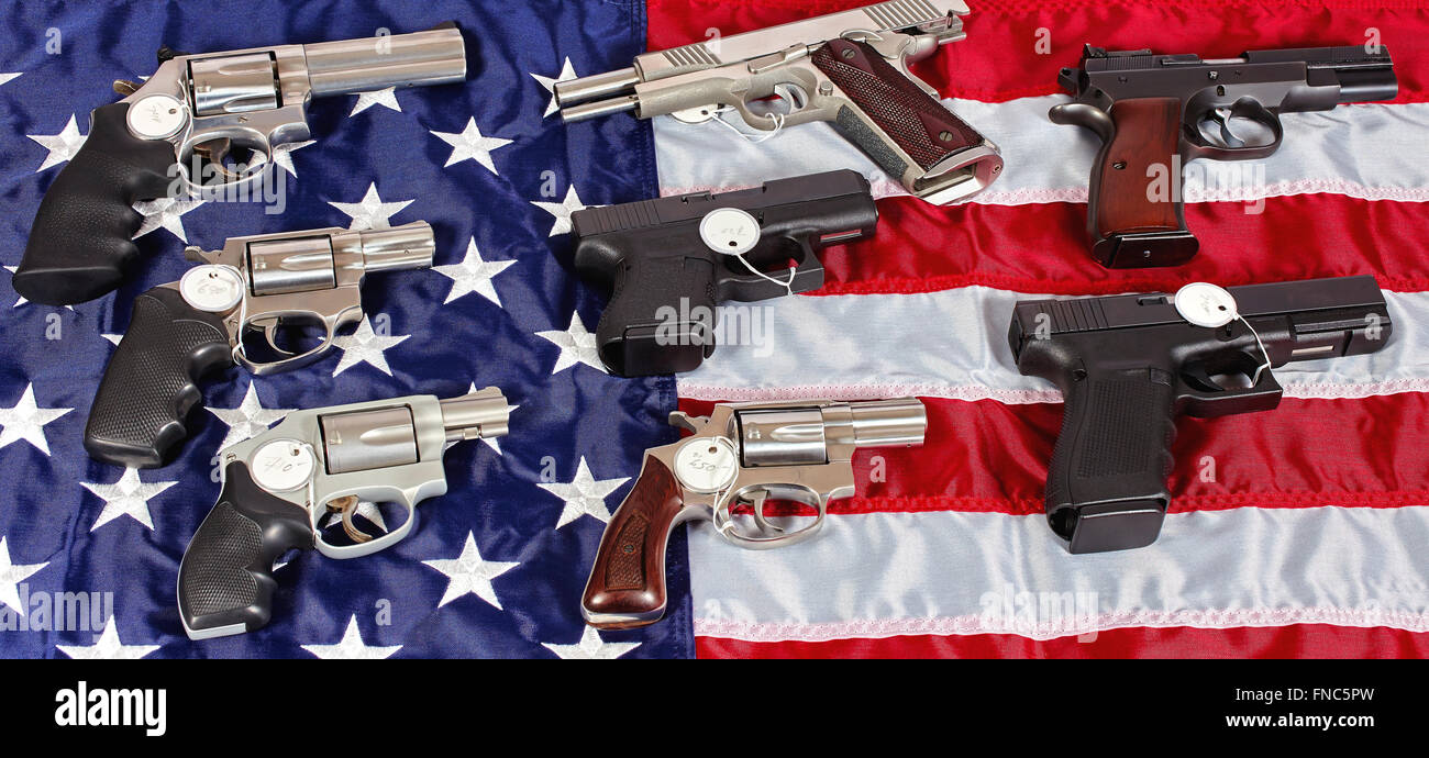 Pistols and revolver assorted firearms for sale on USA America flag ...