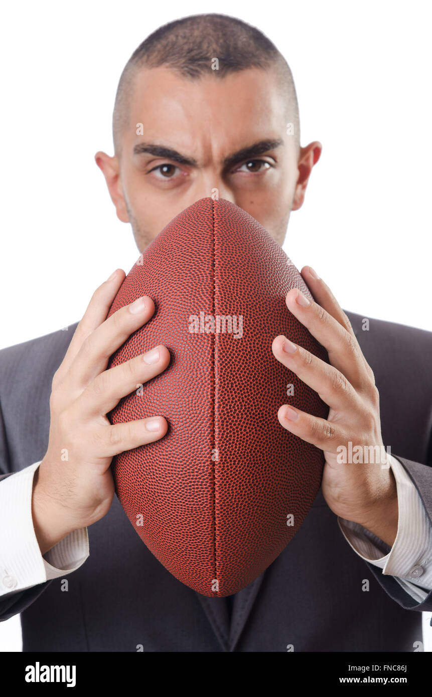 Man with american football ball isolated on white Stock Photo - Alamy