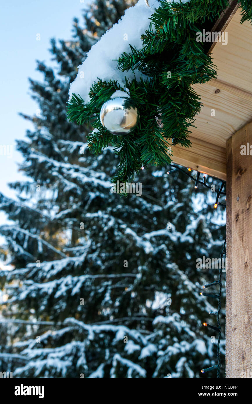 Wooden box decorated with Christmas decorations Stock Photo - Alamy