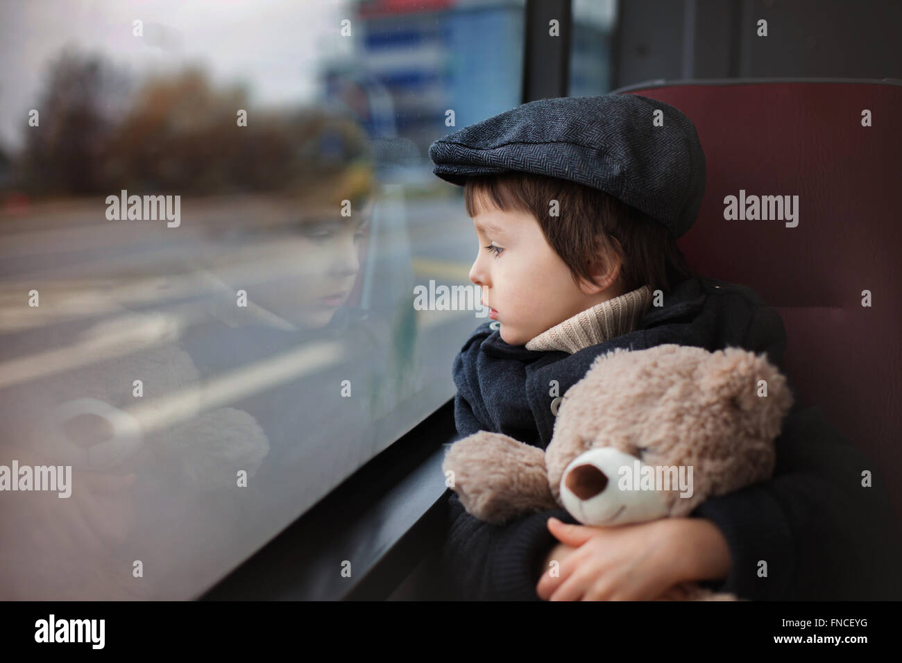 Sweet little child, preschool boy, riding in a bus, daytime, holding ...