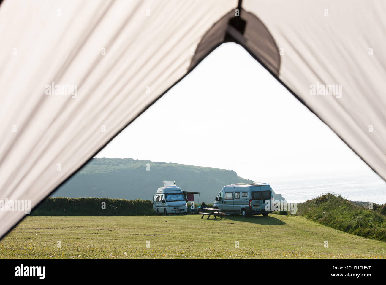 Campsite,View from tent,campervan,motorhome at camping site with sea ...