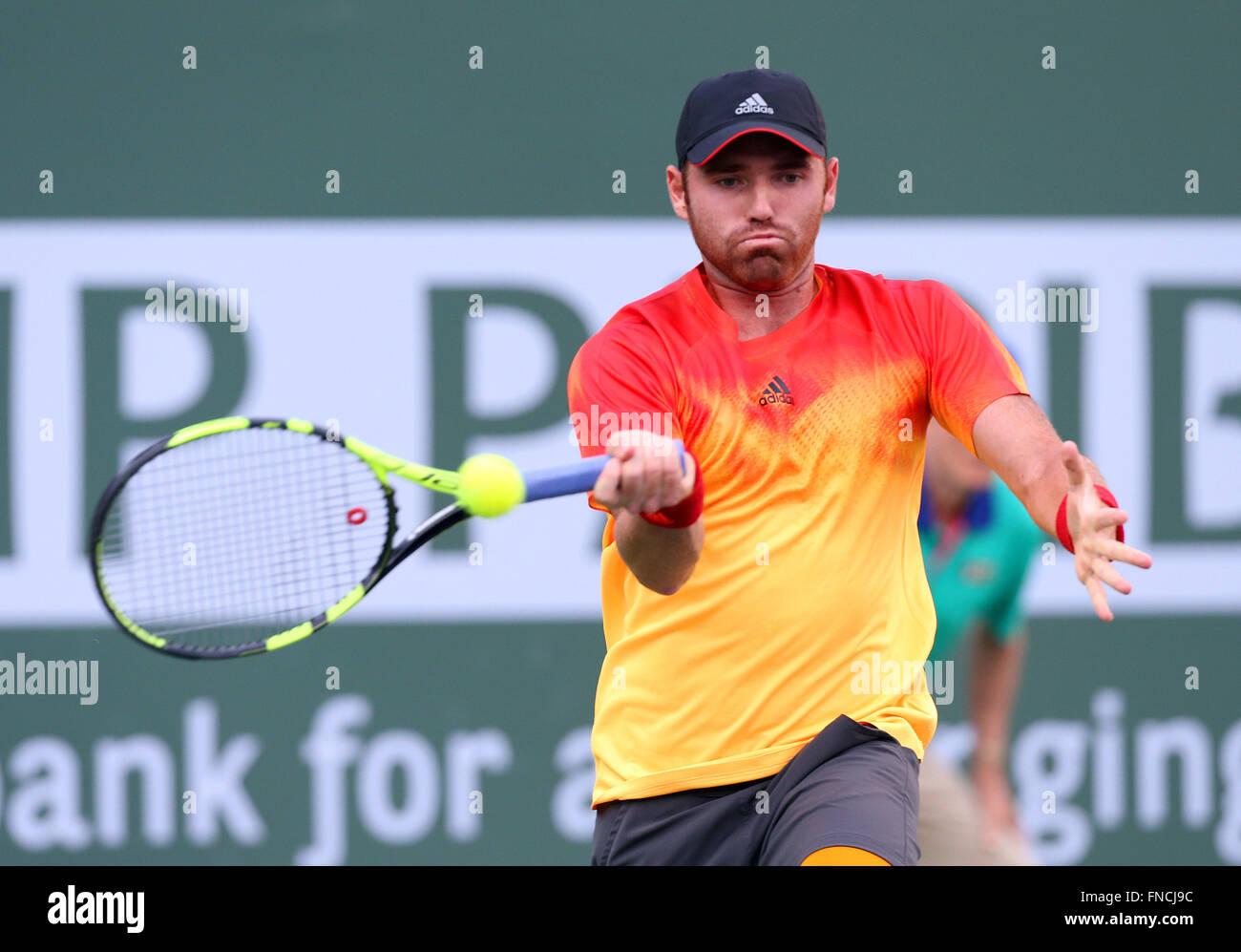 Indian Wells, California, USA. 13th Mar, 2016. Bjorn Fratangelo returns ...