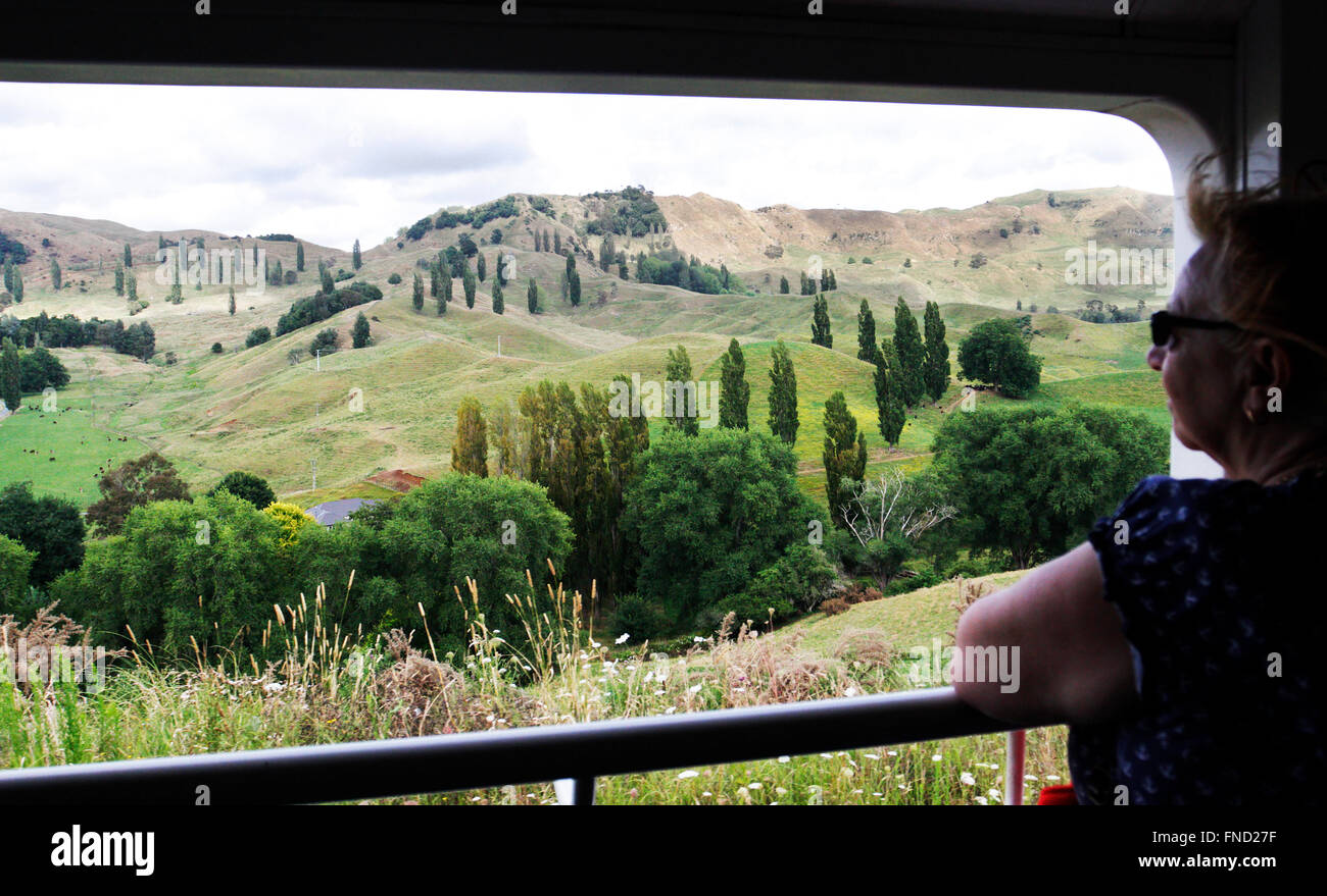 A passenger looking out from inside the open coach of Northern Explorer ...