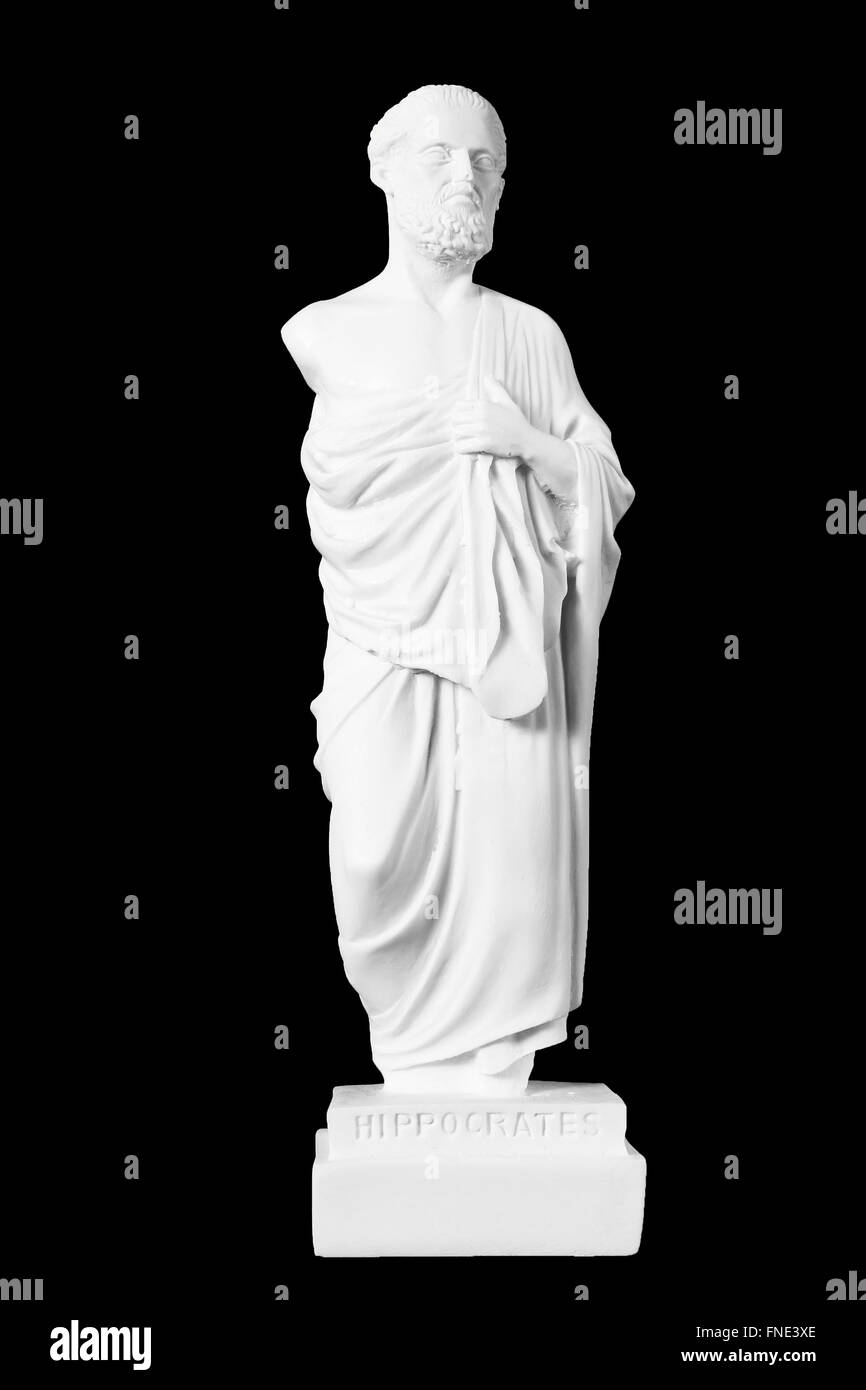 White marble bust of the greek physician Hippocrates, isolated on black ...