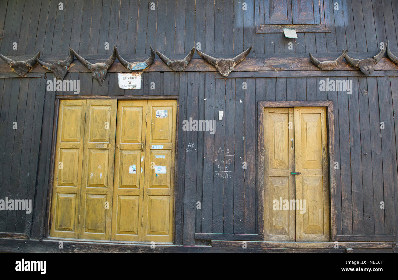 Water buffalo skulls on a house, local belief in Mindat, Chin State ...
