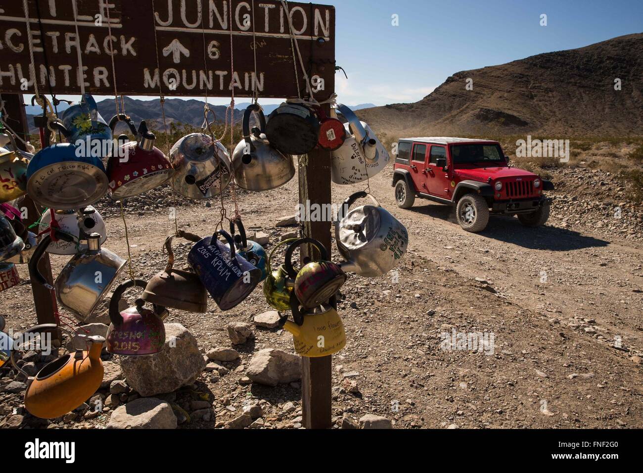 Death Valley, California, USA. 12th Mar, 2016. A red 4X4 Jeep passes ...
