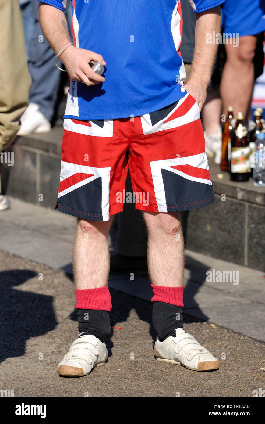 Tourists with Union Jack flag. Barcelona, Catalonia, Spain Stock Photo ...