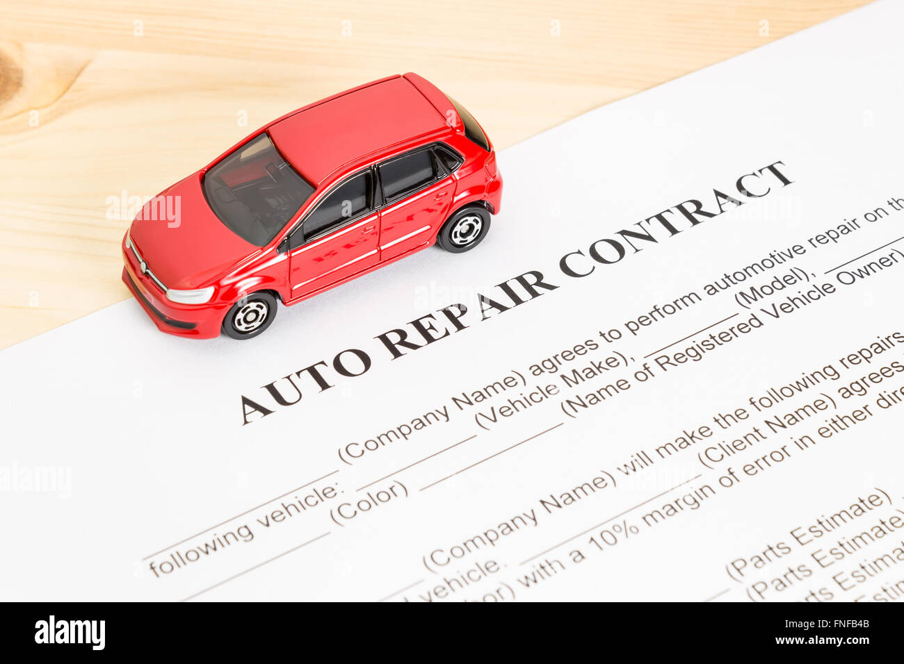 Auto repair contract with red car on left view. Car repair agreement or ...