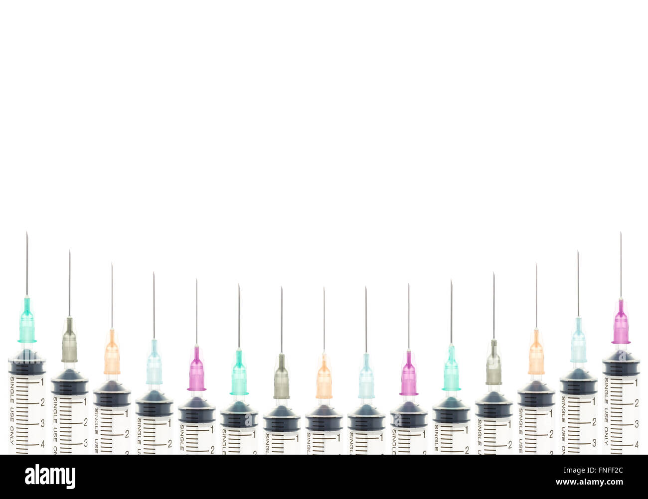 Five color needle or medical device isolated on white background on ...