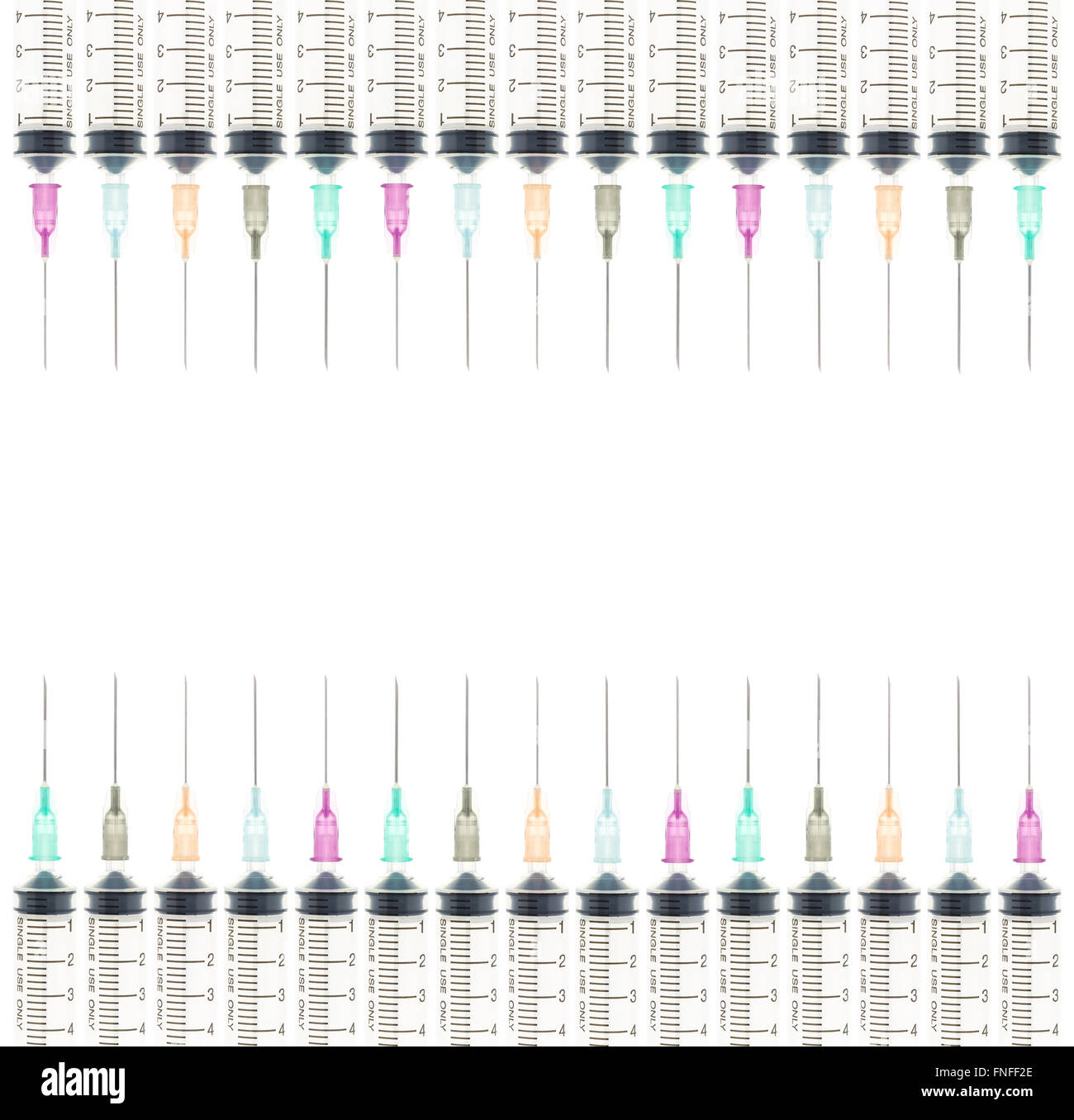 Five color needle or medical device isolated on white background on top ...