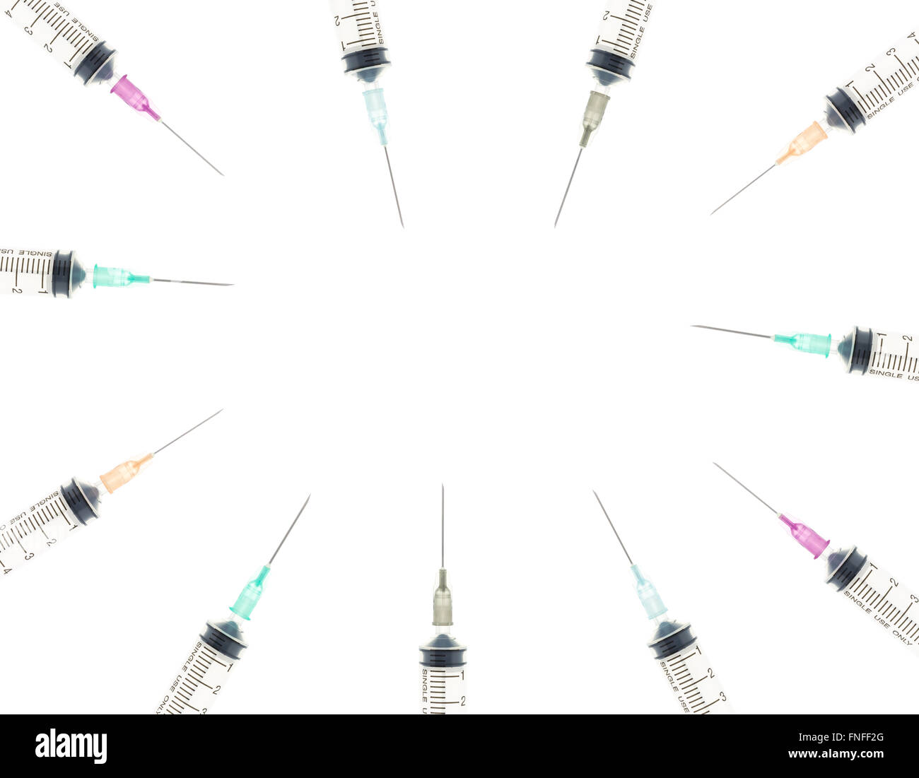 Five color needle or medical device isolated on white background on ...