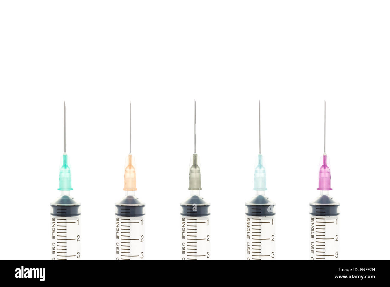 Five color needle or medical device isolated on white background ...