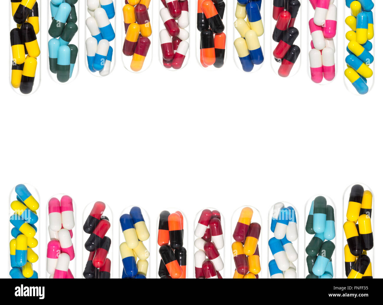 Drug or pill or capsule in test tube background on curve shape at top ...