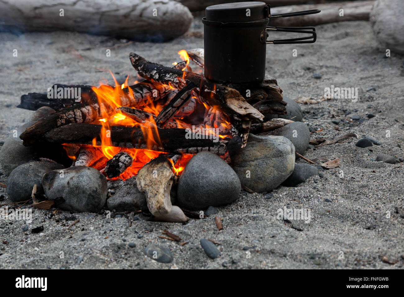Backcountry cooking over a beach fire, Nootka Island, British Columbia ...