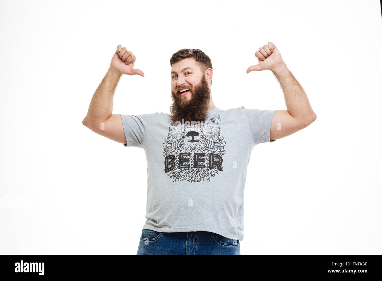 Successful happy bearded man pointing on himself over white background ...