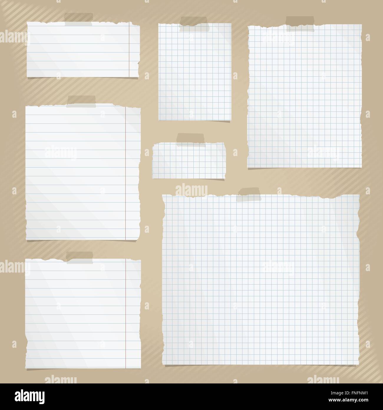 Pieces of torn white squared and lined notebook paper with sticky tape ...