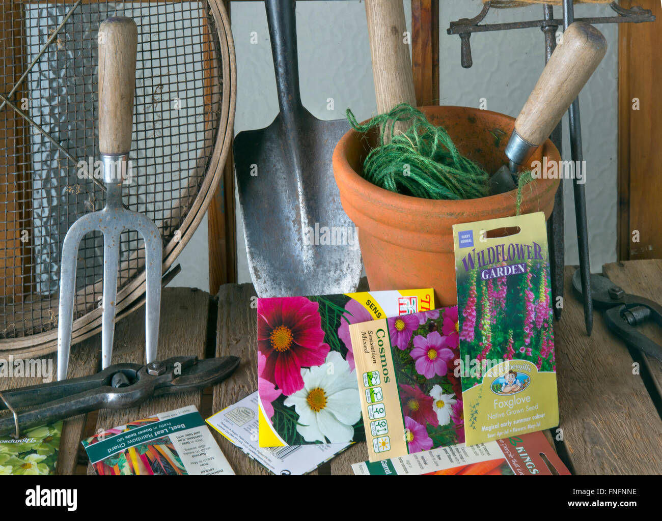Garden tools and seed packets laid out in potting shed Stock Photo - Alamy