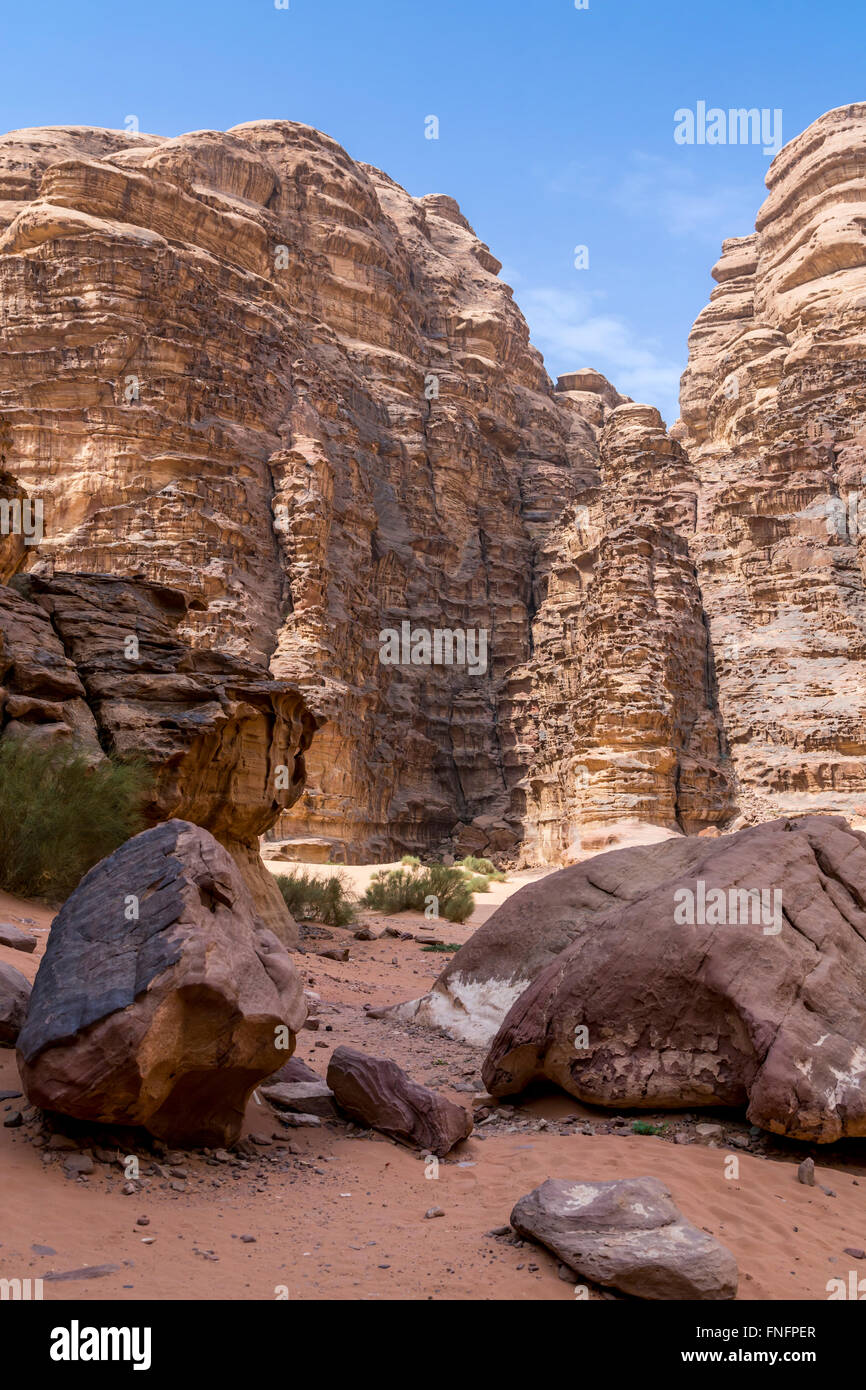 The Wadi Rum desert landscape of mountains and sand dunes in the ...