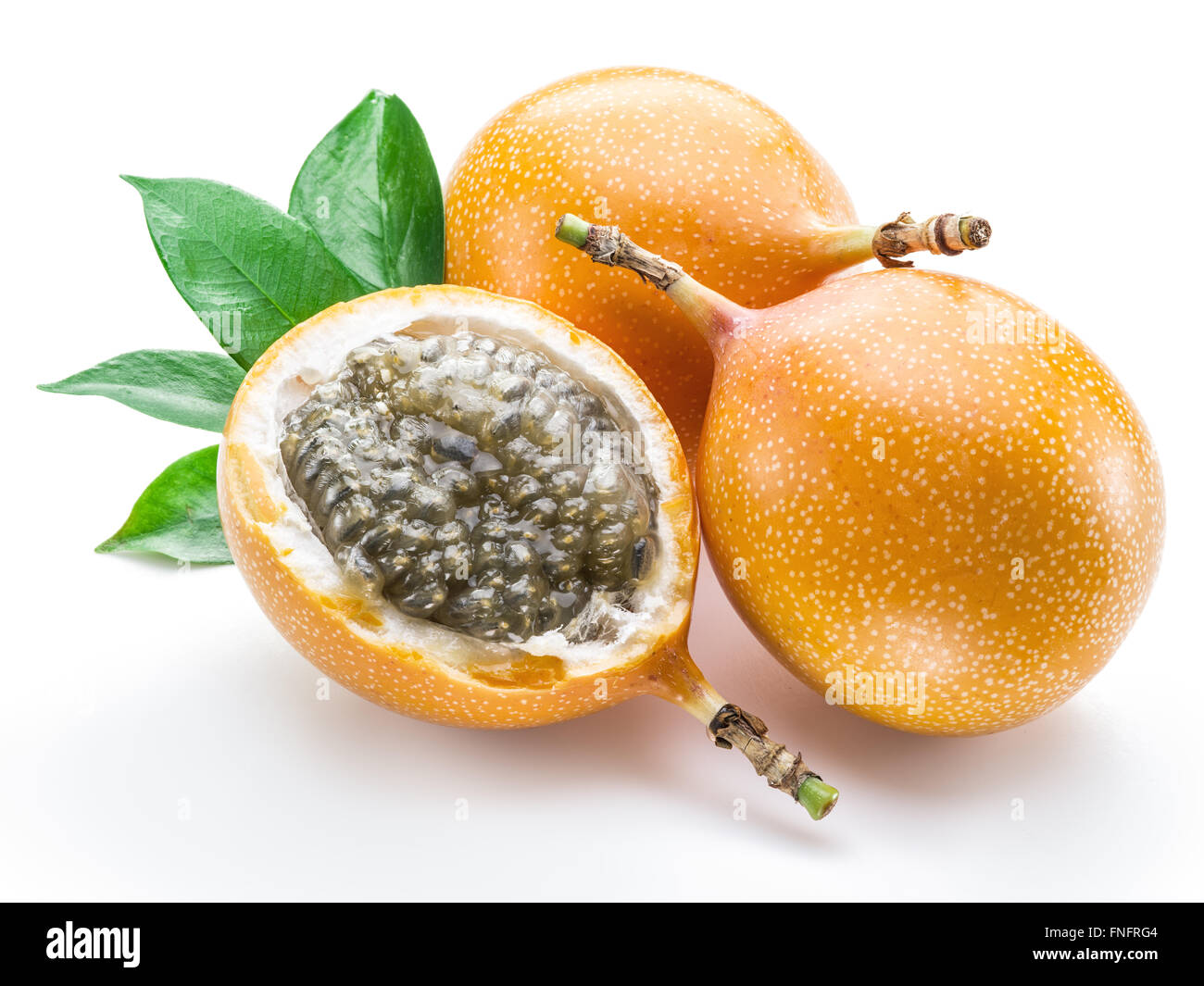Granadilla fruits on the white background Stock Photo - Alamy