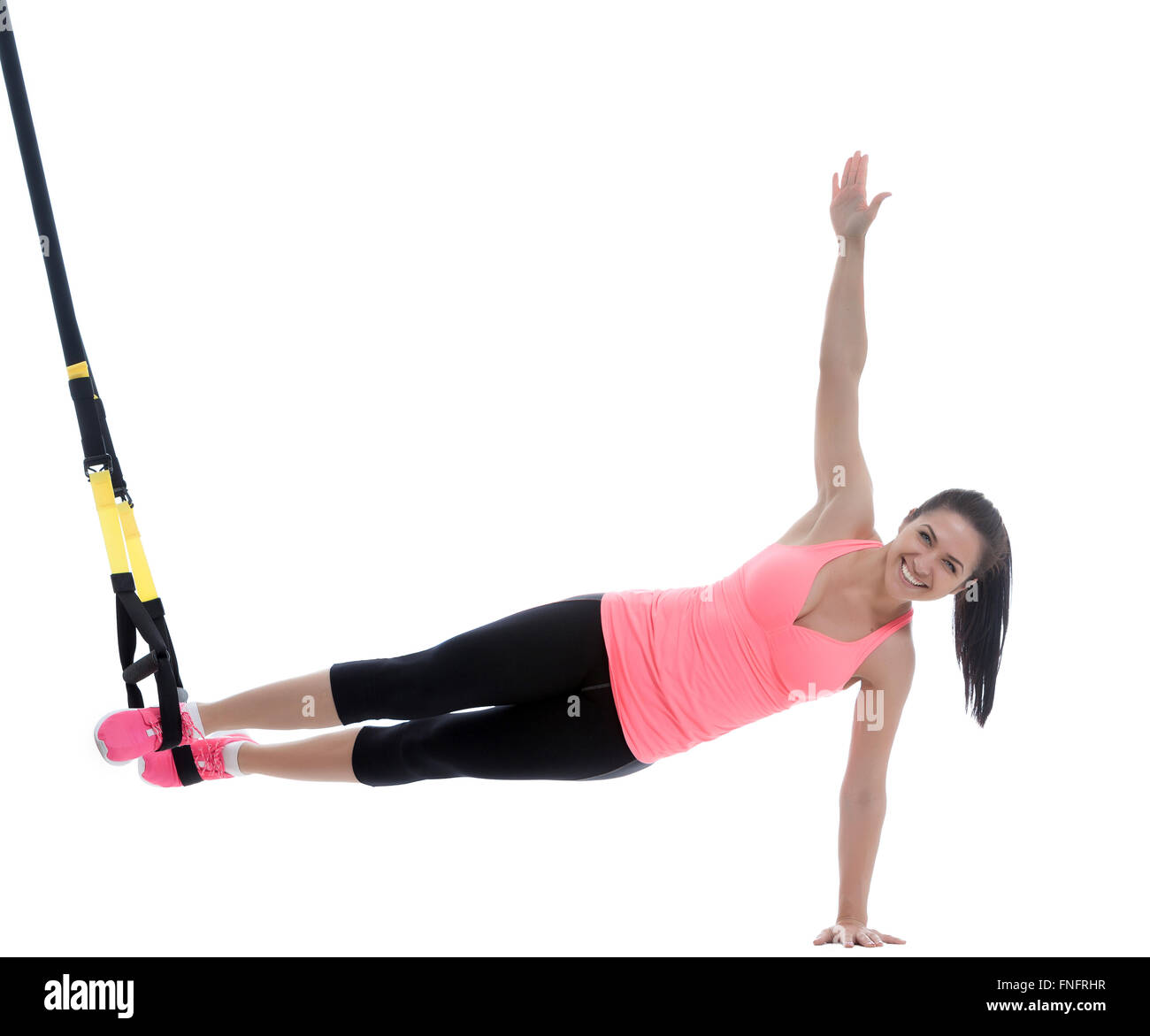 Athletic woman with functional loops for training isolated on white ...