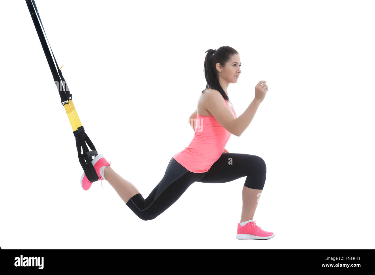 Athletic woman with functional loops for training isolated on white ...