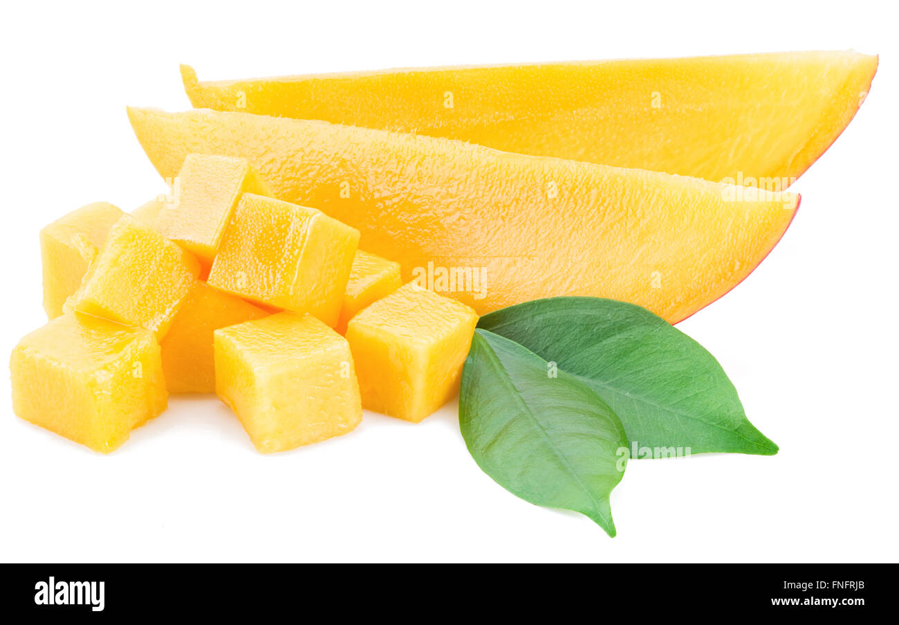Mango cubes and slices. Isolated on a white background Stock Photo - Alamy