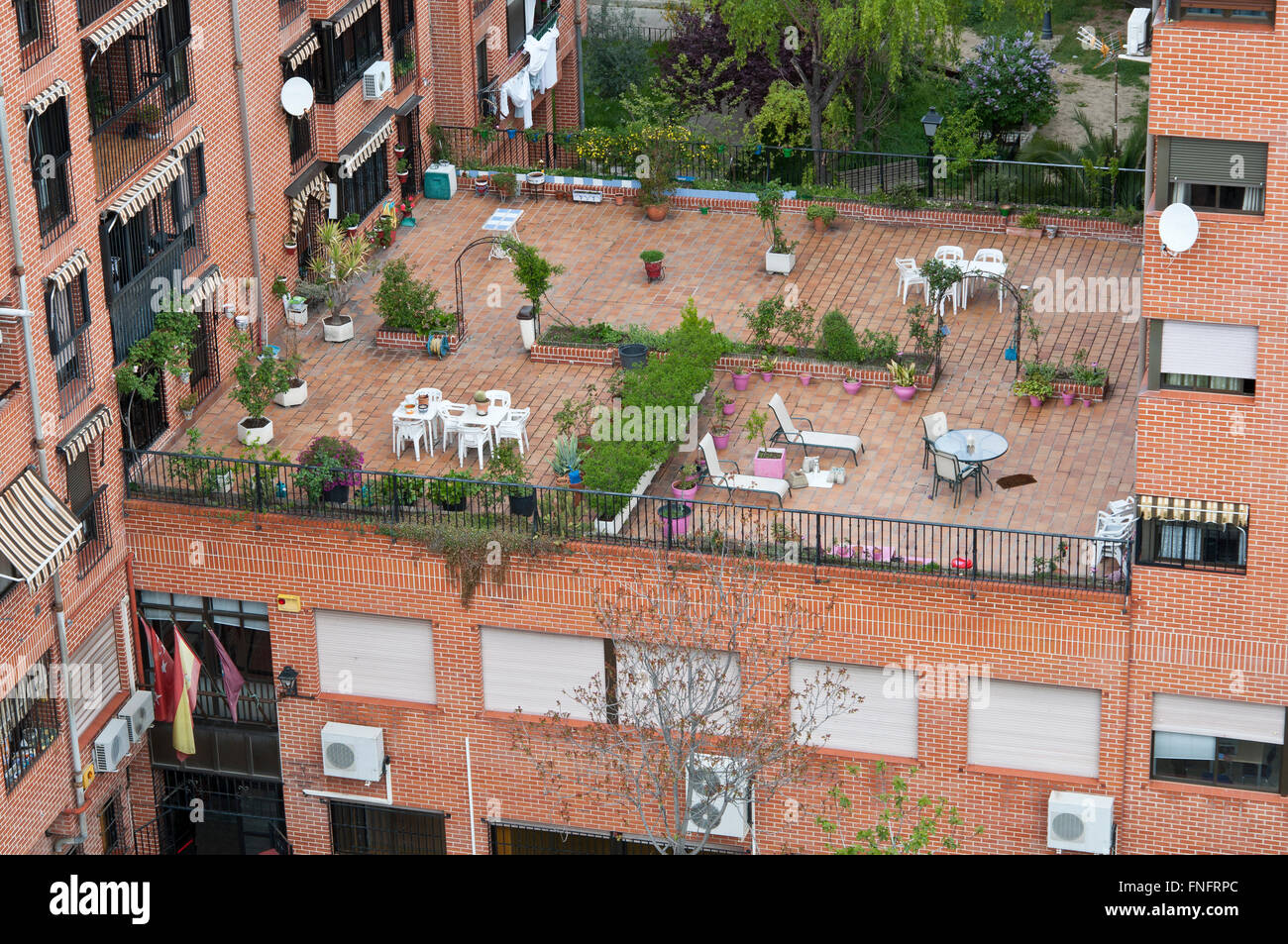 Communal terrace between buildings in Carabanchel suburb, Madrid, Spain ...