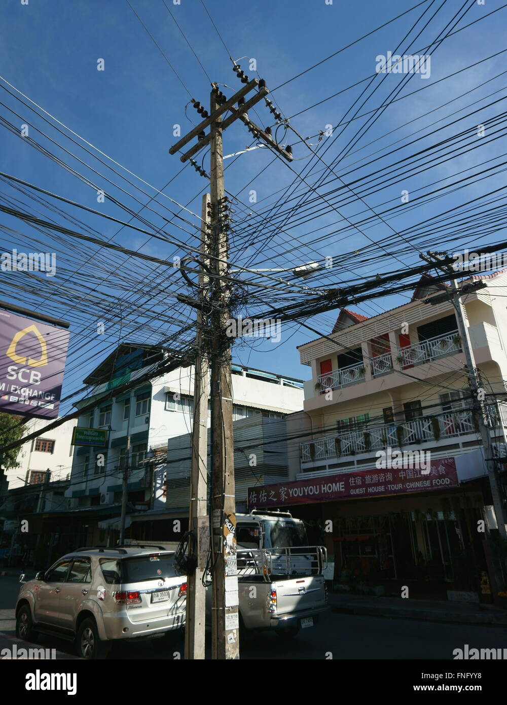 messy overhead electricity cables in Chiang Mai, Thailand Stock Photo ...