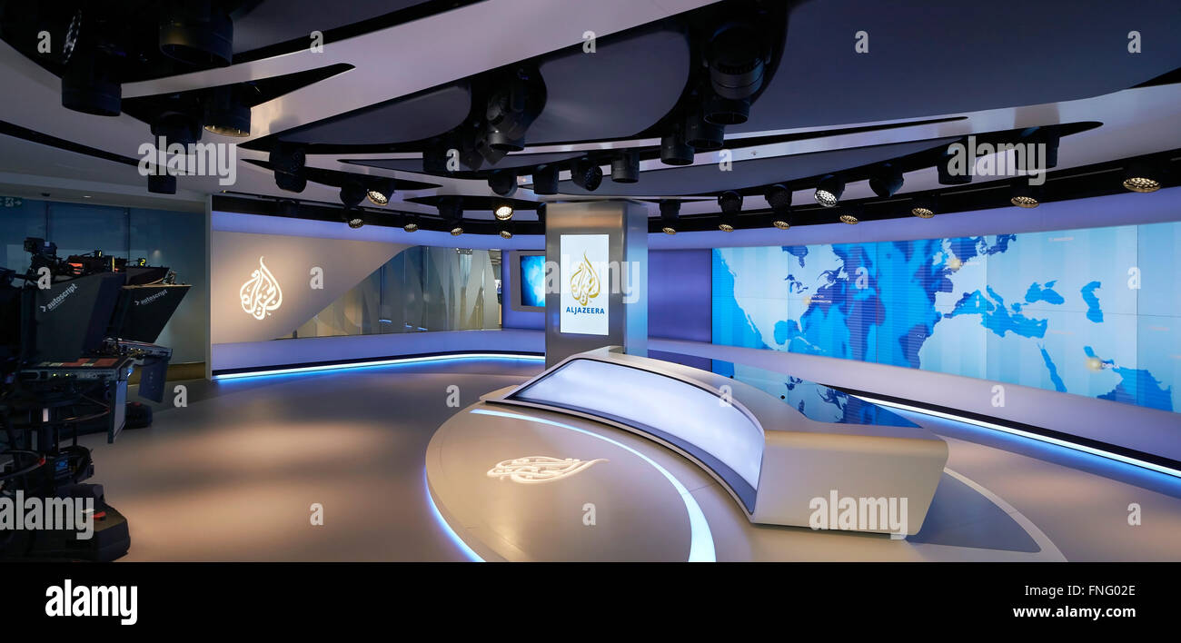 Panoramic view of news studio. Al Jazeera Studio at the Shard, London ...