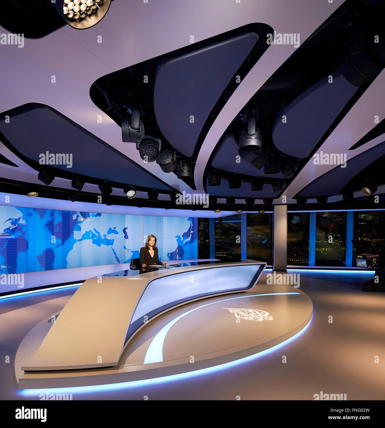 View of news studio with presenter on-air. Al Jazeera Studio at the ...