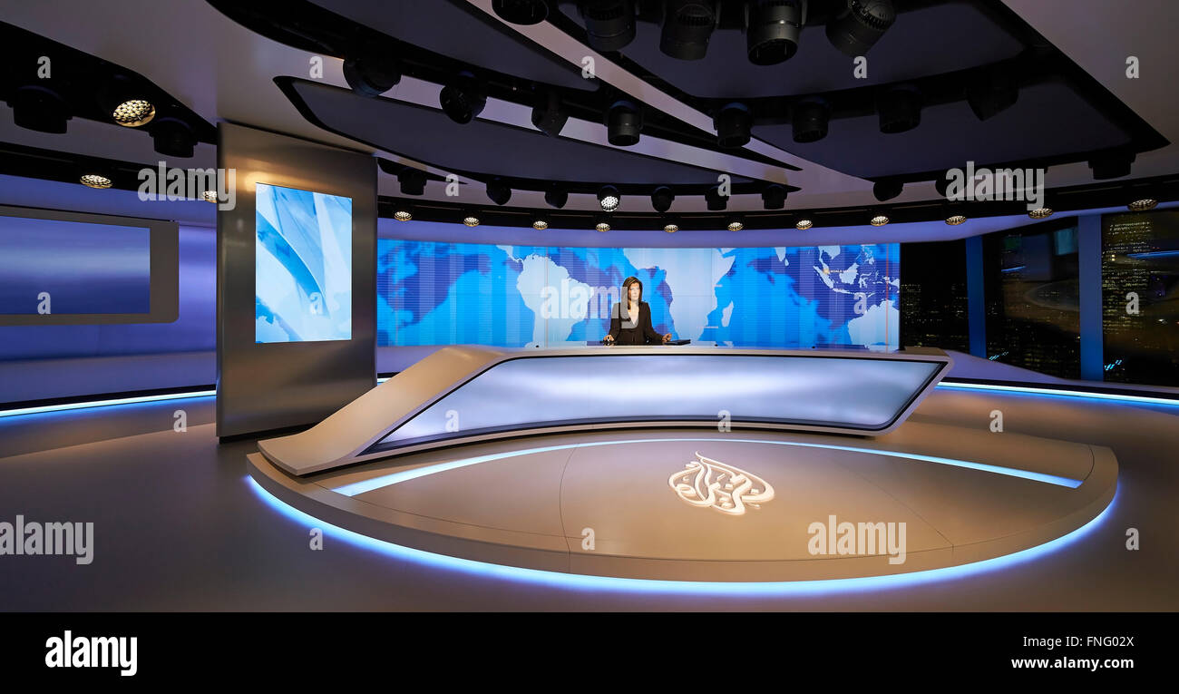 View of news studio with presenter on-air. Al Jazeera Studio at the ...